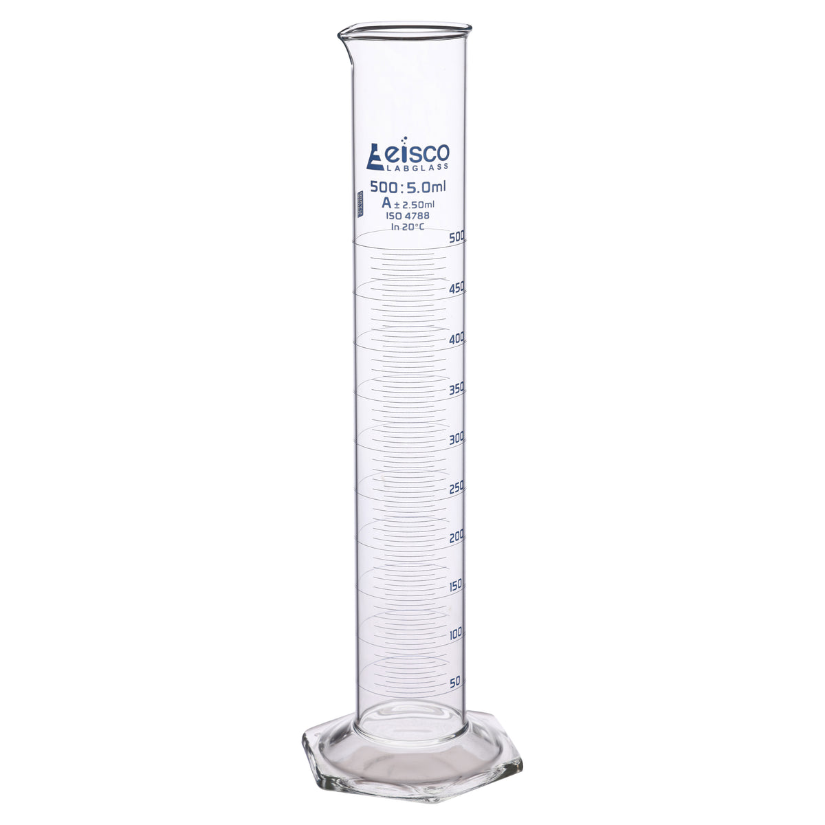 Graduated Cylinder, 500ml - Class A - Blue Graduations, Hexagonal Base ...