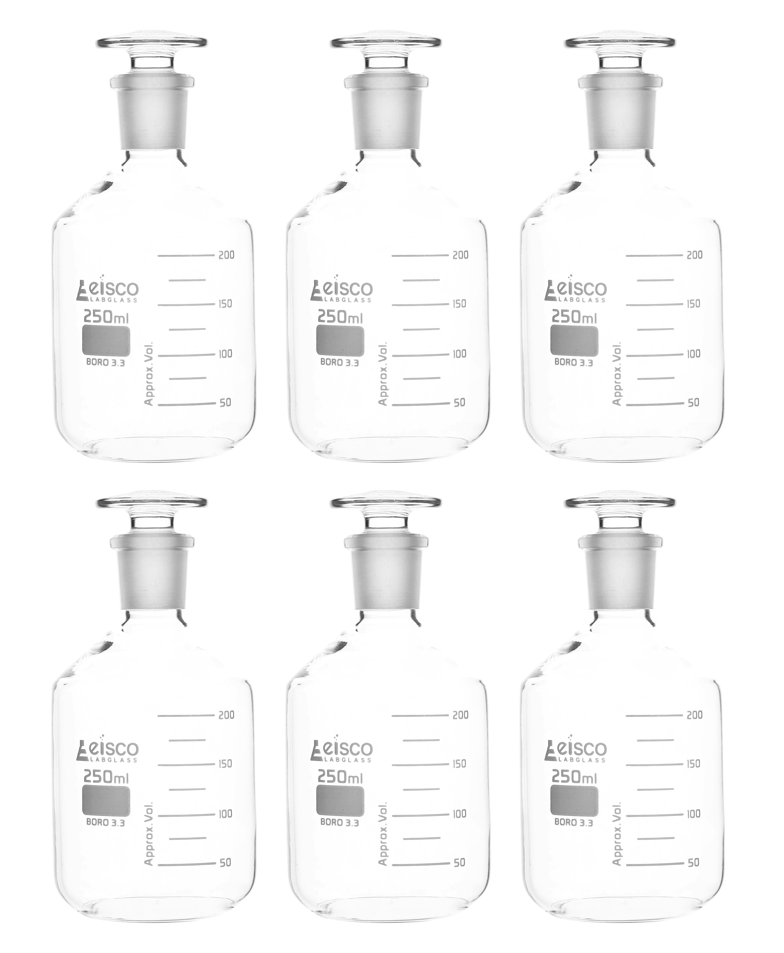 6PK Reagent Bottles, 250mL - Graduated - Narrow Mouth with Solid Glass ...