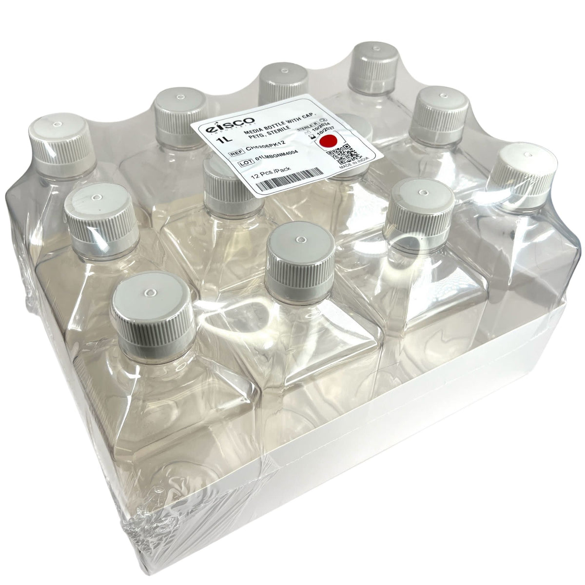 Eisco - Pack of 12, 1L Sterile PETG Media Bottles with HDPE Caps, Squa ...