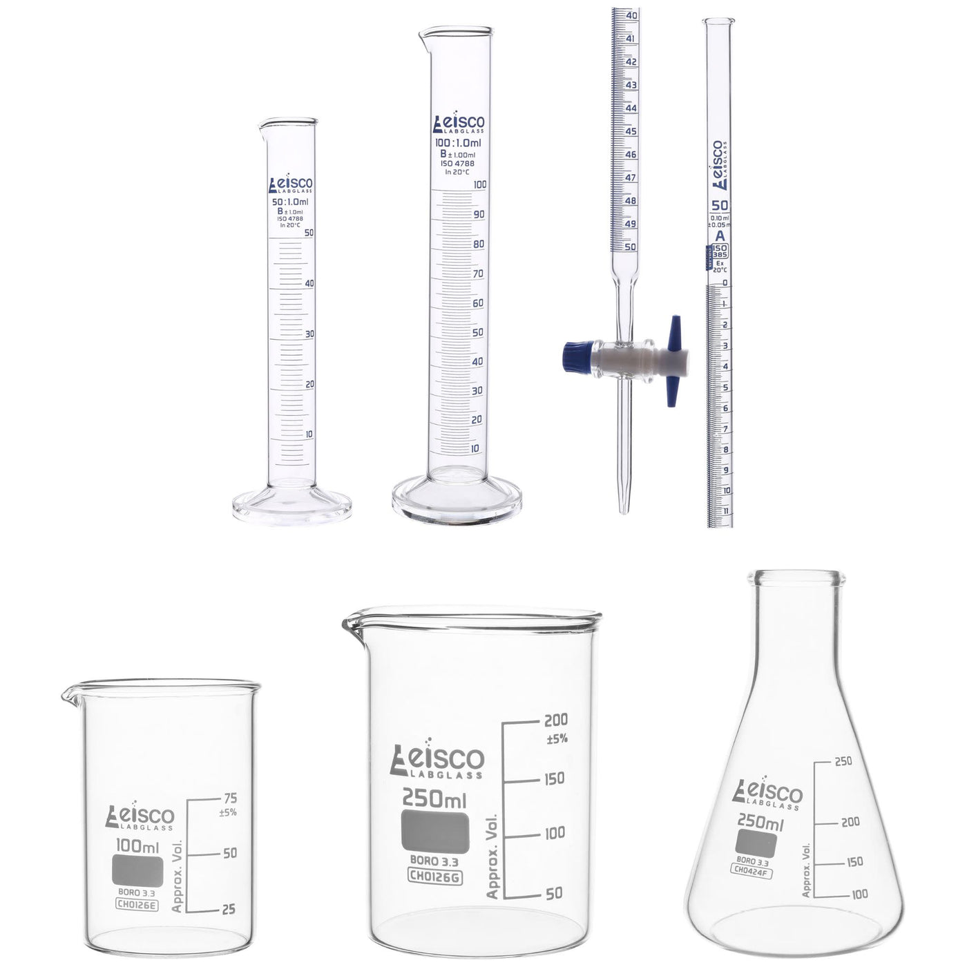 Eisco Labs - Glass Titration Set - 100mL & 250mL Beakers, 50mL & 100mL