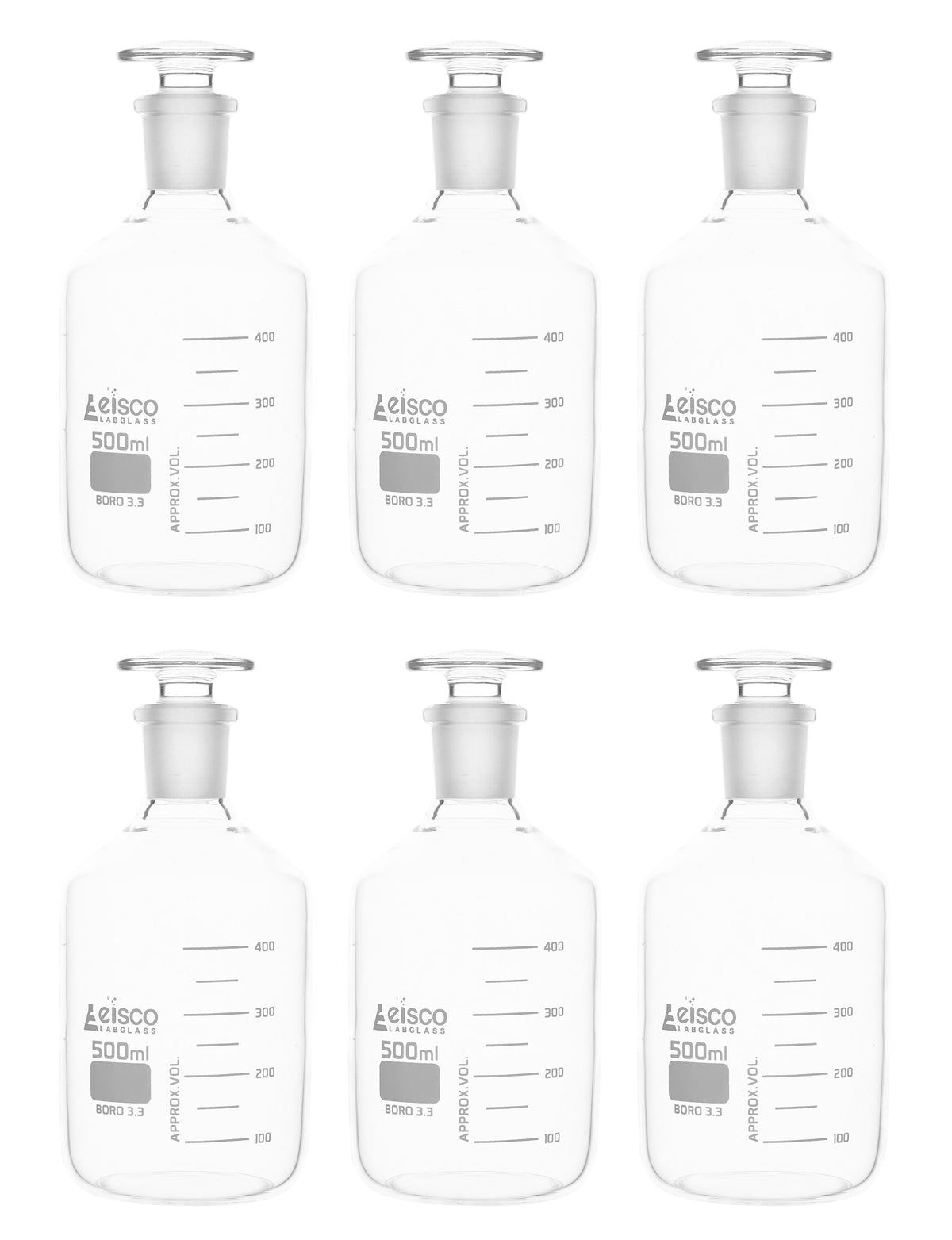 6PK Reagent Bottles, 500mL - Graduated - Narrow Mouth with Solid Glass ...