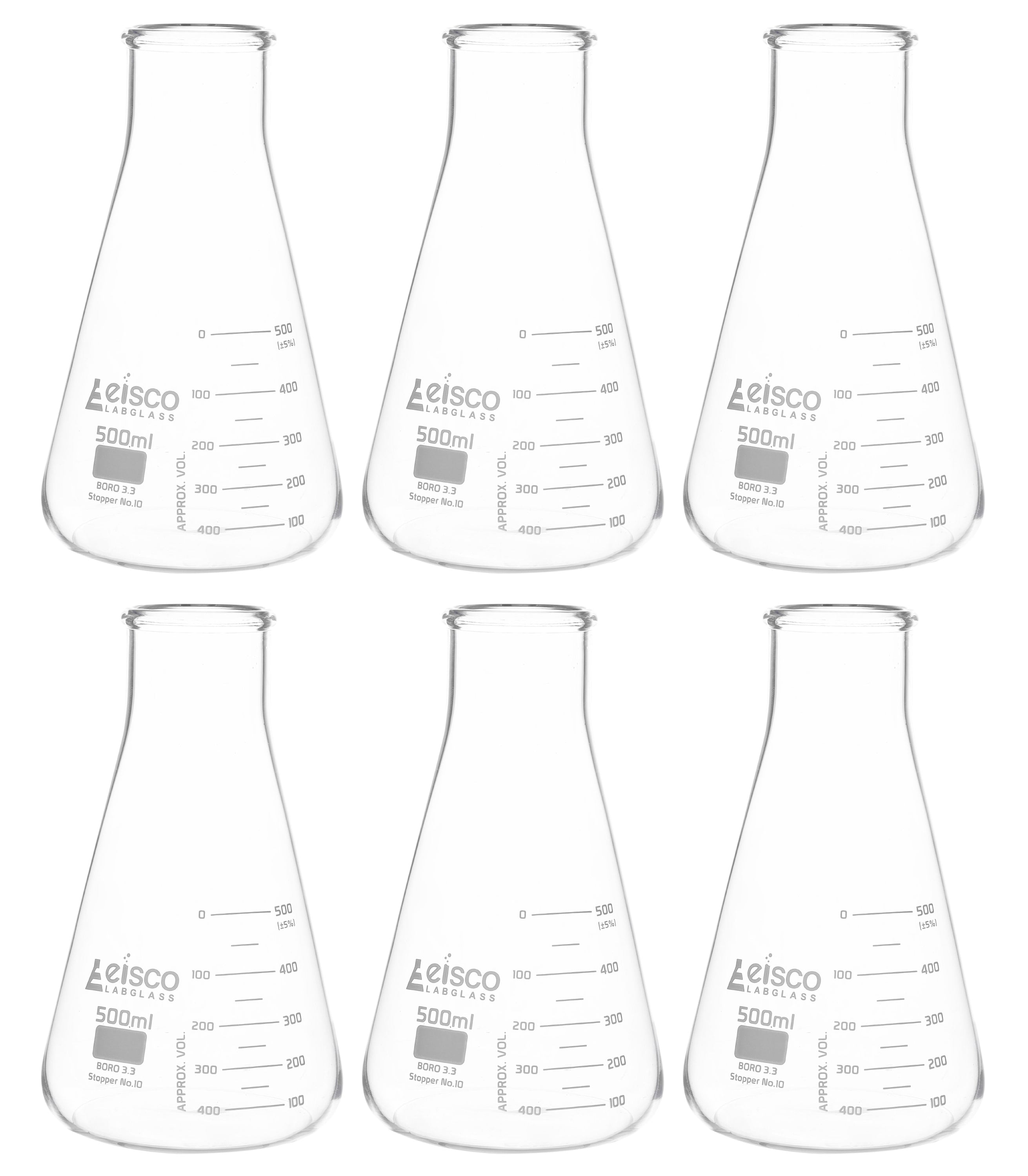 6PK Erlenmeyer Flask, 500mL - Wide Neck - ASTM, Dual Graduated Scale ...