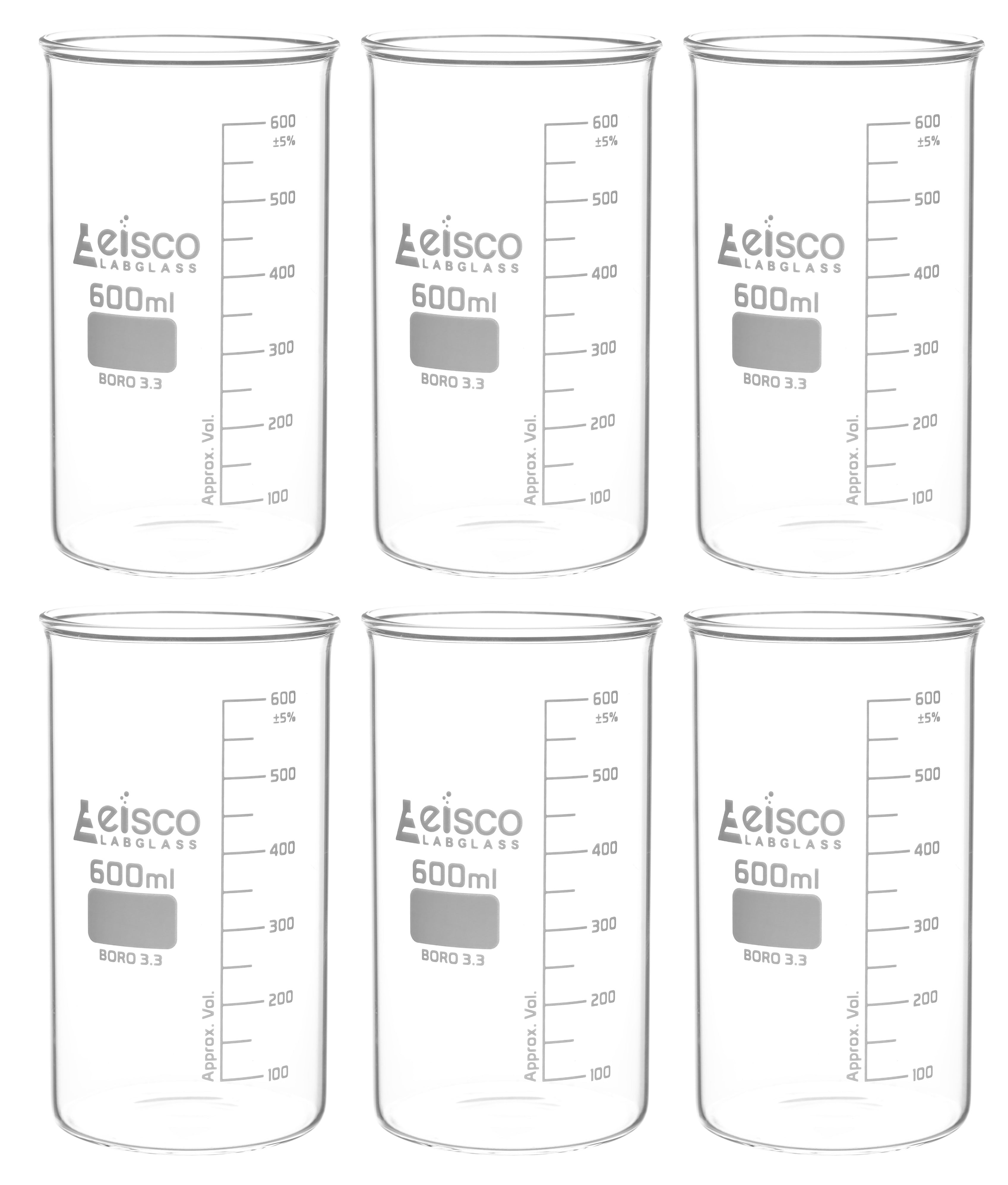 6PK Beakers, 600mL - Berzelius Tall Form, No Spout - Graduated - Boros ...