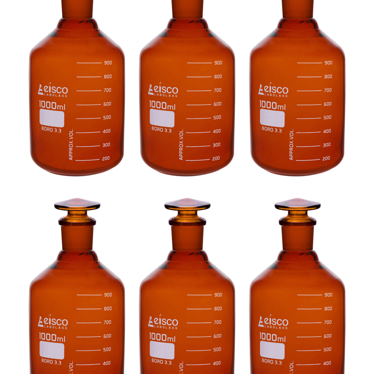 6PK Reagent Bottles, Amber, 1000mL - Graduated - Narrow Mouth with Sol ...