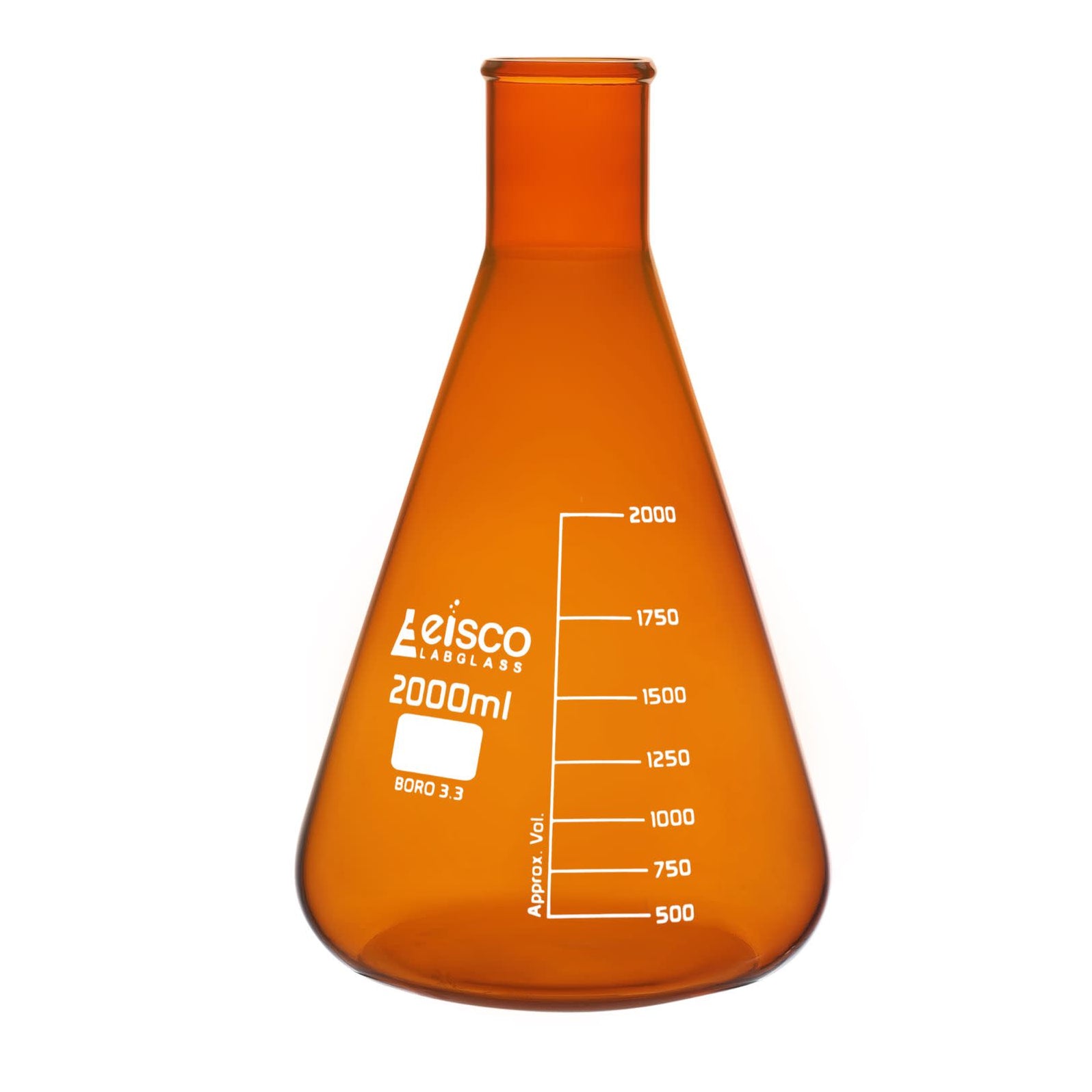 Erlenmeyer Flask, Amber, 2000mL - Borosilicate Glass - Narrow Neck Fla ...