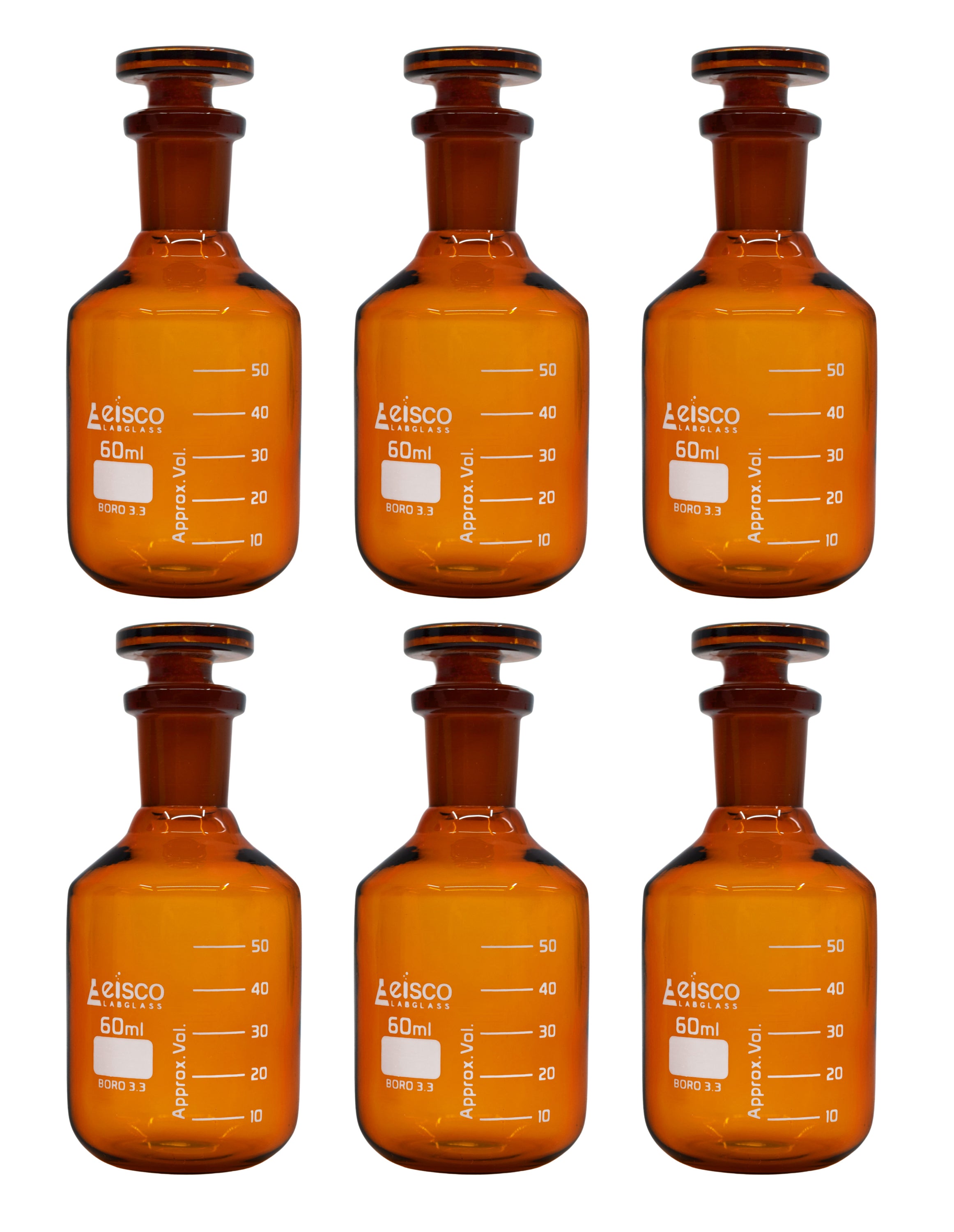 6PK Reagent Bottles, Amber, 60mL - Graduated - Narrow Mouth with Solid ...