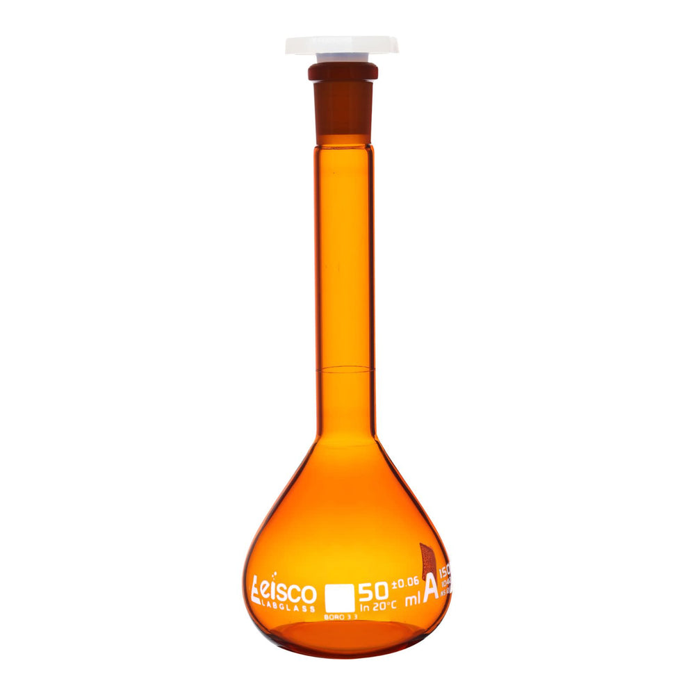 Eisco Amber Volumetric Flask, 50mL - Class A - Borosilicate Glass, Pol ...