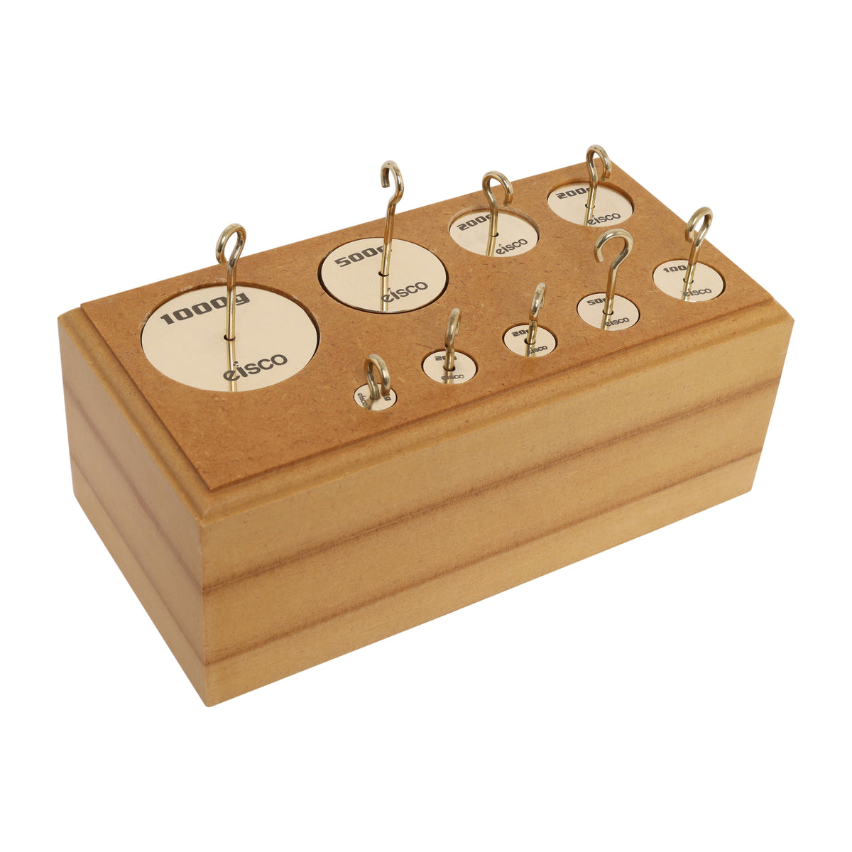 Eisco Labs Hooked Brass Weights, Set of 9 weights, 10-1000g in wooden
