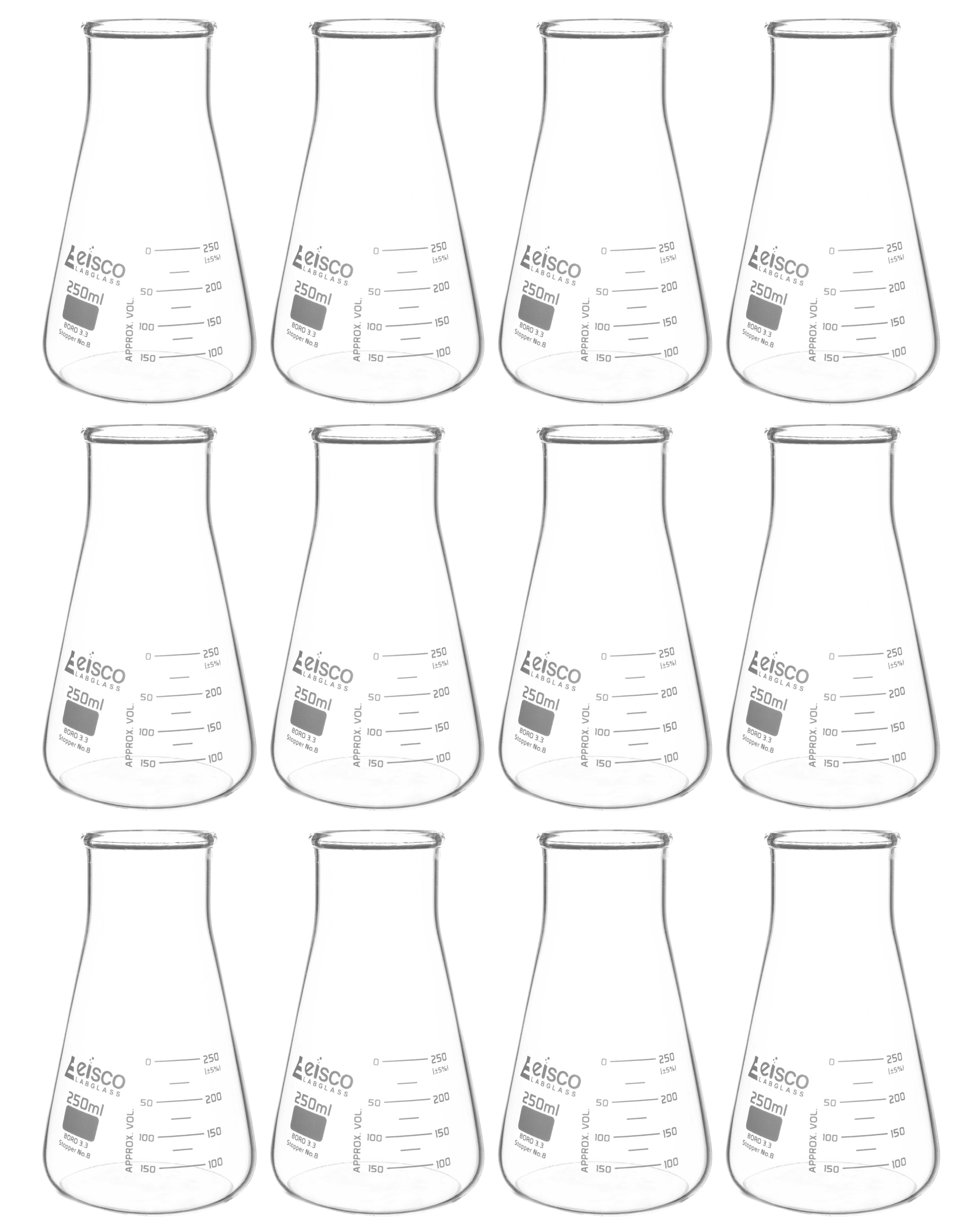 12PK Erlenmeyer Flask, 250mL - Wide Neck - ASTM, Dual Graduated Scale ...