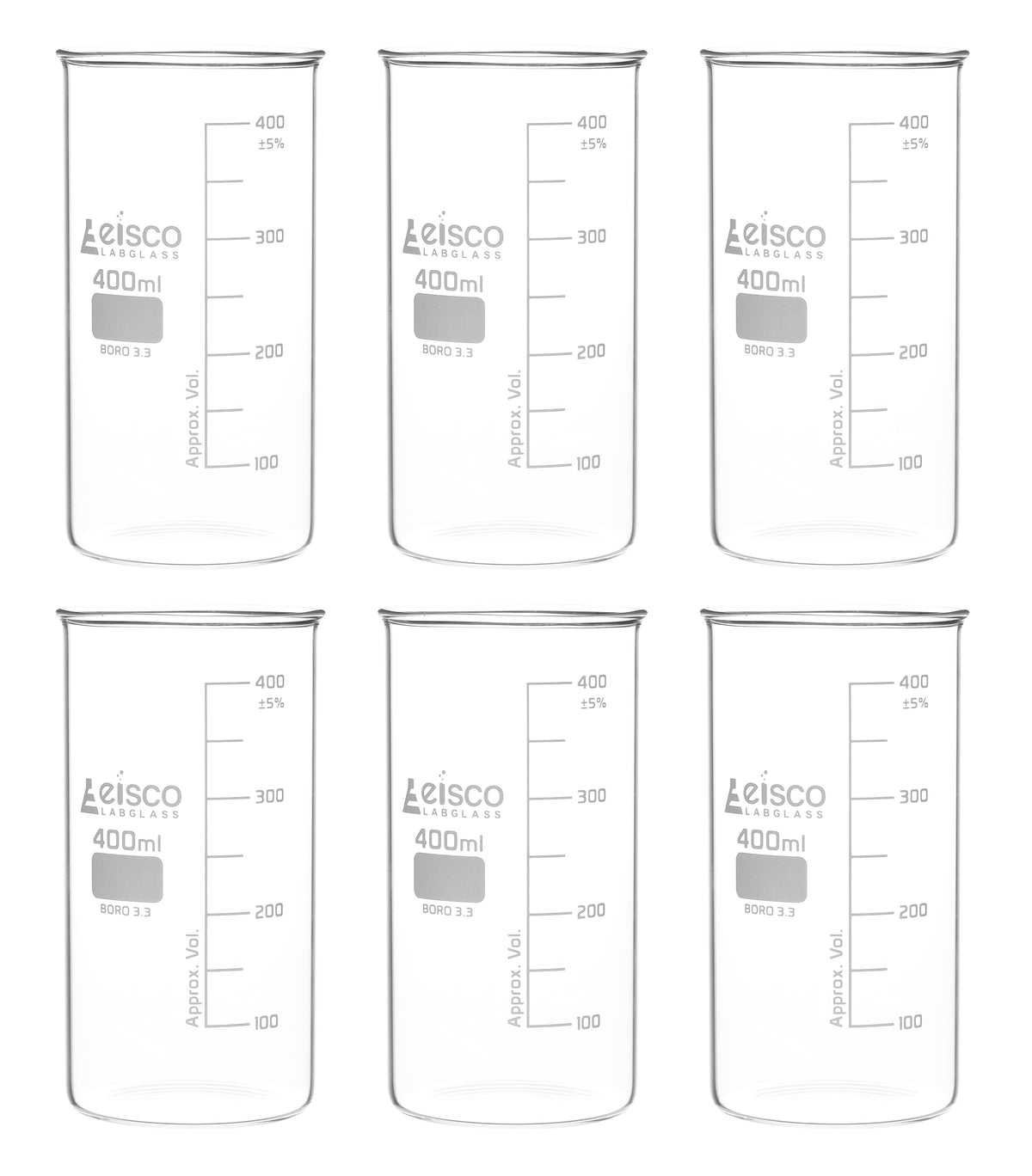 6PK Beakers, 400mL - Berzelius Tall Form, No Spout - Graduated - Boros ...