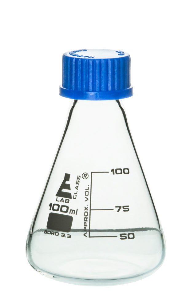 Erlenmeyer Flask, 100ml - Borosilicate Glass - With PTFE Screw Cap - C ...