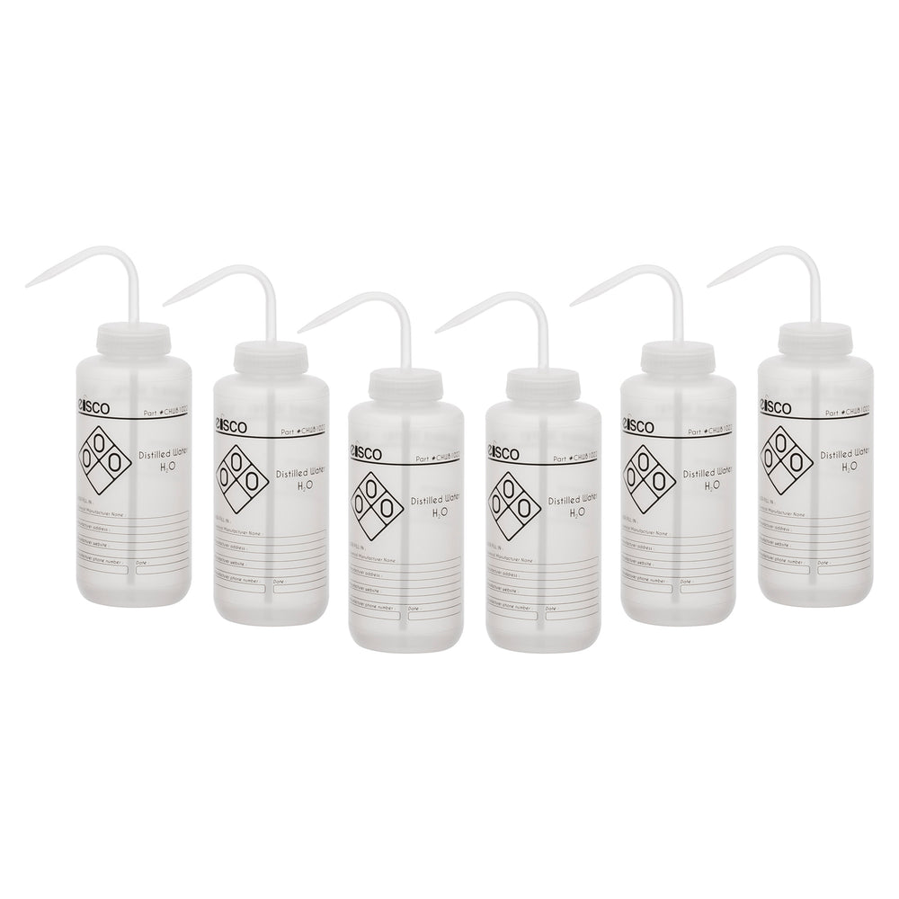 6PK Performance Plastic Wash Bottles - Distilled Water - 1000mL — Eisco ...