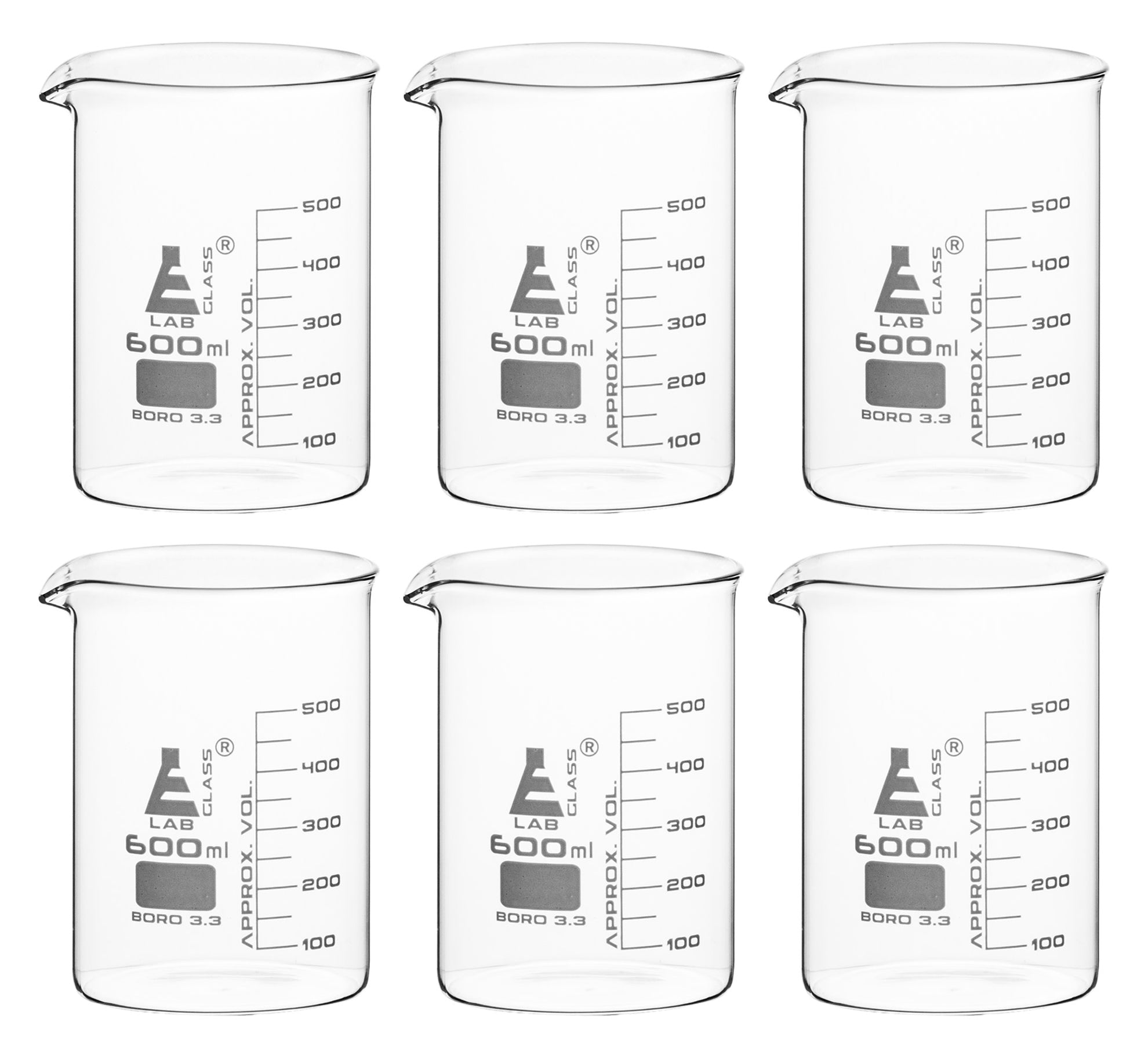6PK Beaker, 600ml - Low Form with Spout - White, 50ml Graduations - Bo — Eisco Labs