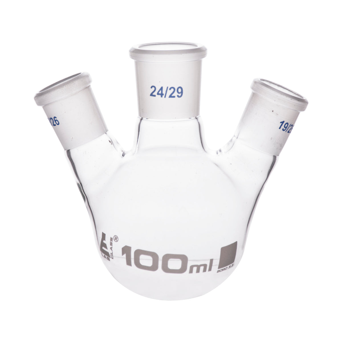 Distilling Flask, 100ml - 3 Angled Necks, 24/29 Center, 19/26 Side Soc ...