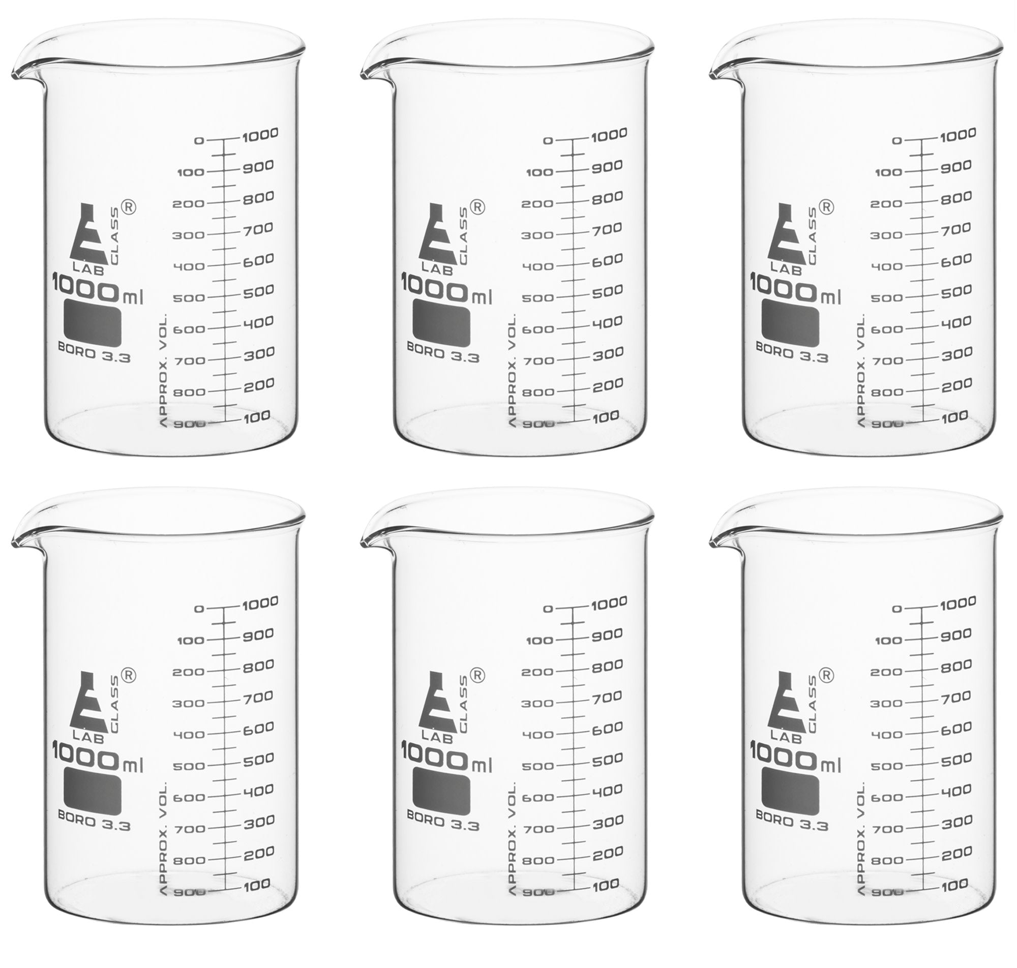 6PK Beakers, 1000ml - ASTM - Low Form, Dual Scale Graduations - Borosi ...