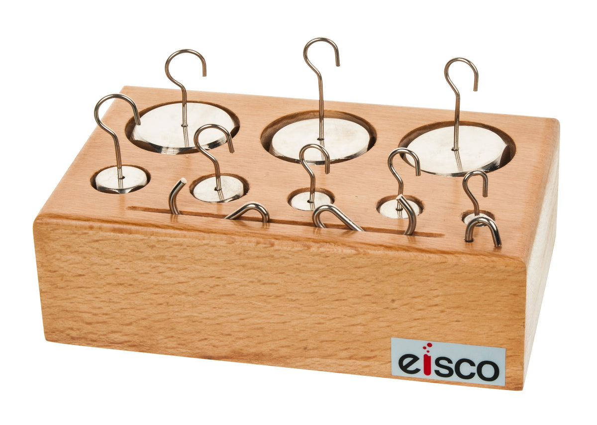 Brass Weight Set - 8 Weights & 3 Spare Hooks - With Wooden Storage Blo ...