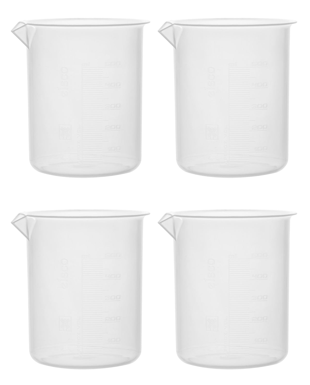 4PK Plastic Beakers, 500ml - Polypropylene - Raised Graduations — Eisco ...