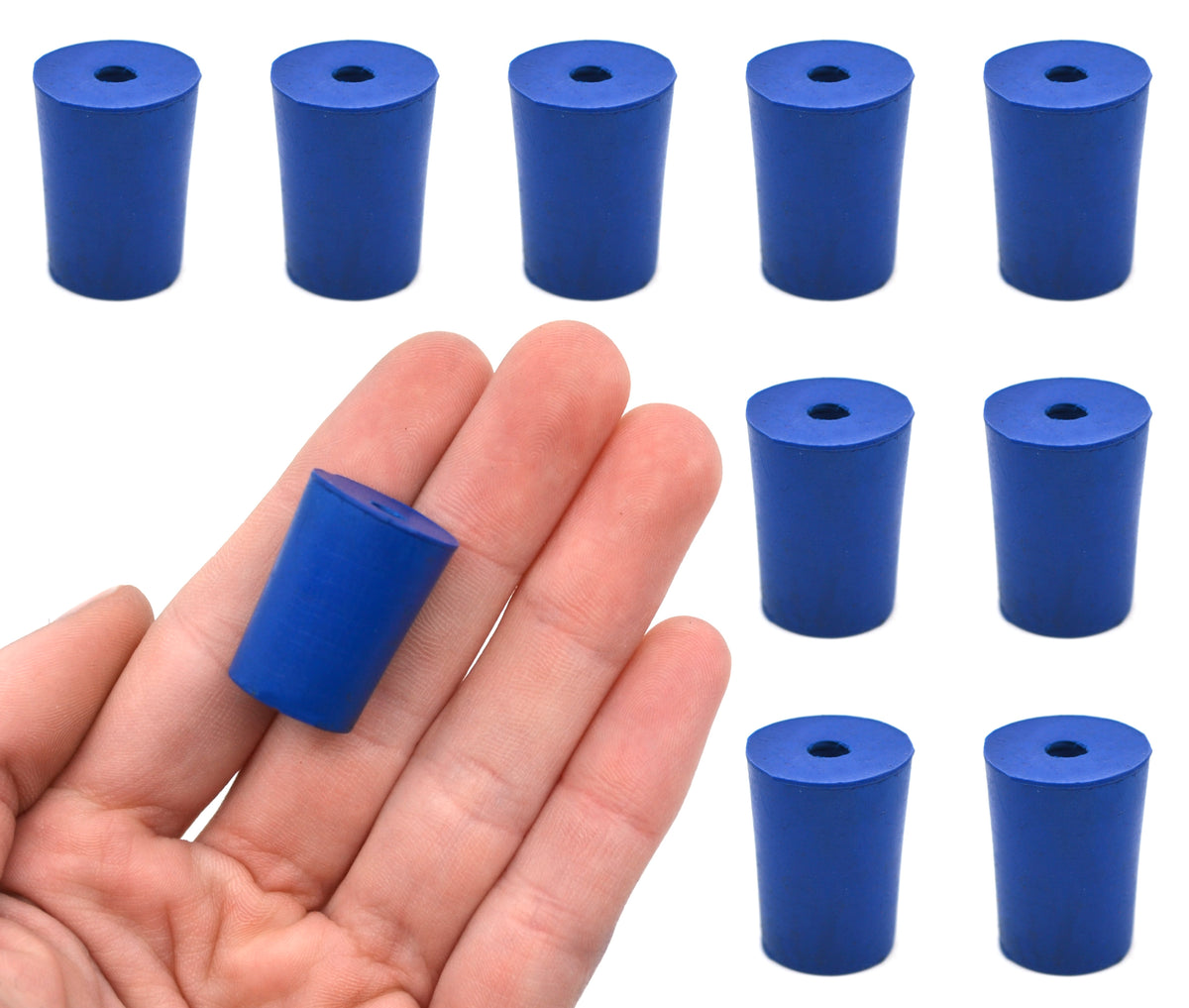 Neoprene Stoppers, 1 Hole - Blue - Size: 15mm Bottom, 18mm Top, 24mm L ...