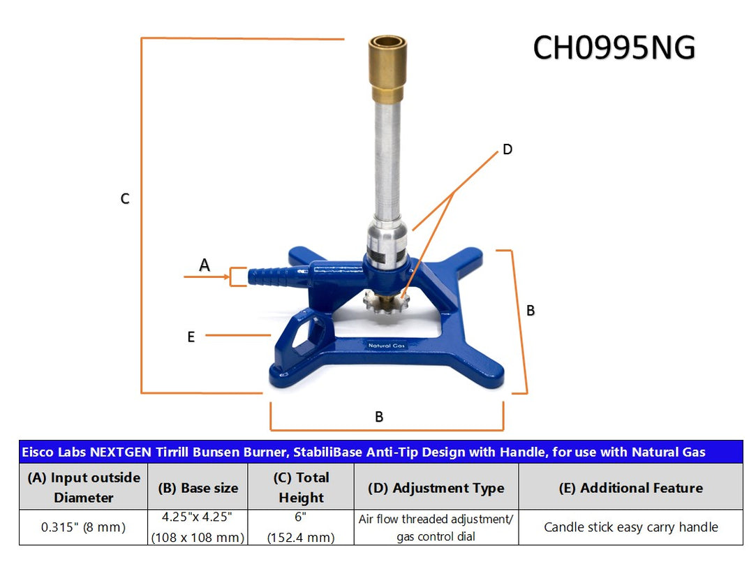 Natural Gas Tirrill Bunsen Burner, StabiliBaseTM Anti-Tip Design with ...