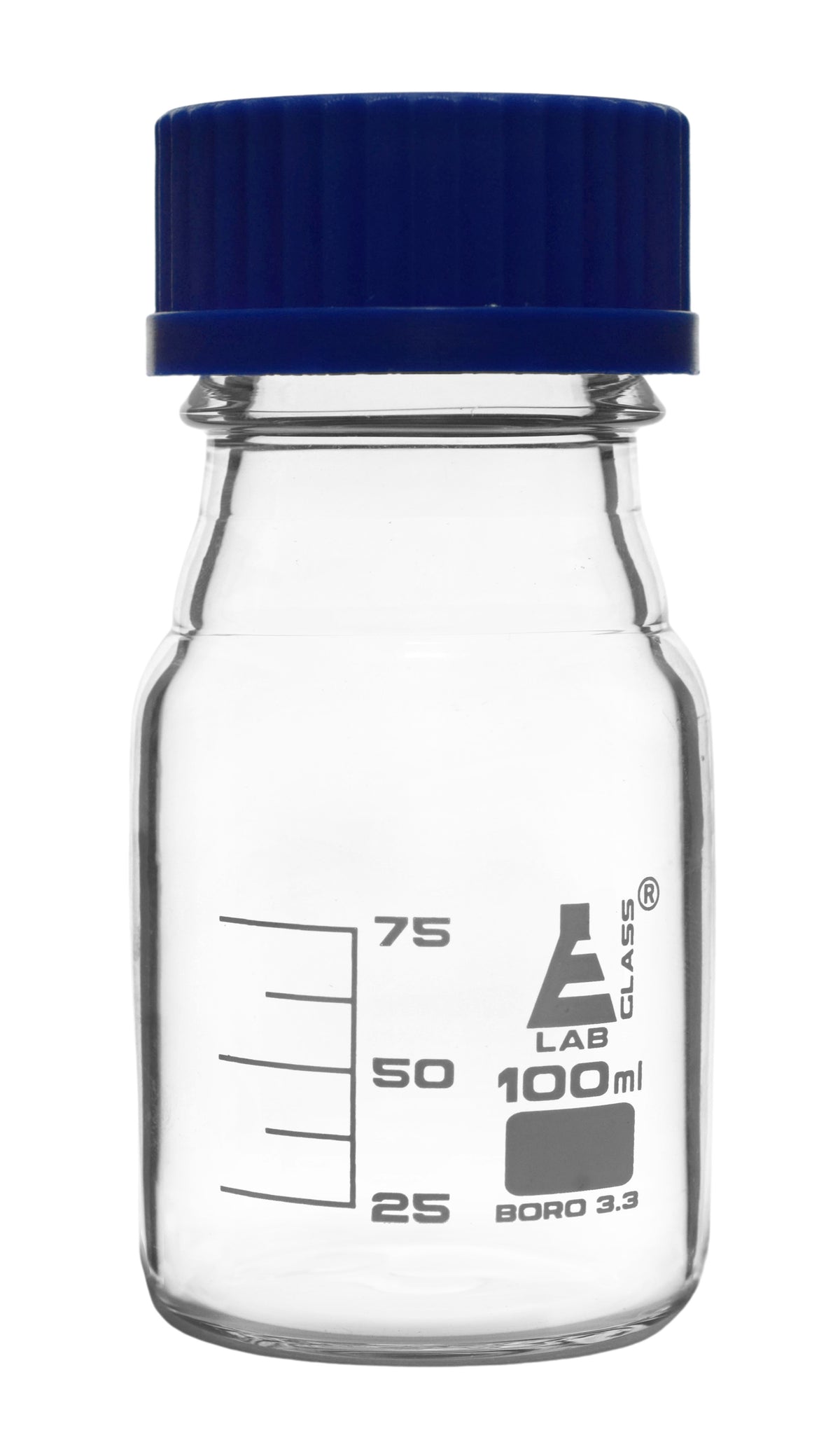 Reagent Bottle, 100ml - Transparent with Blue Screw Cap - White Gradua ...