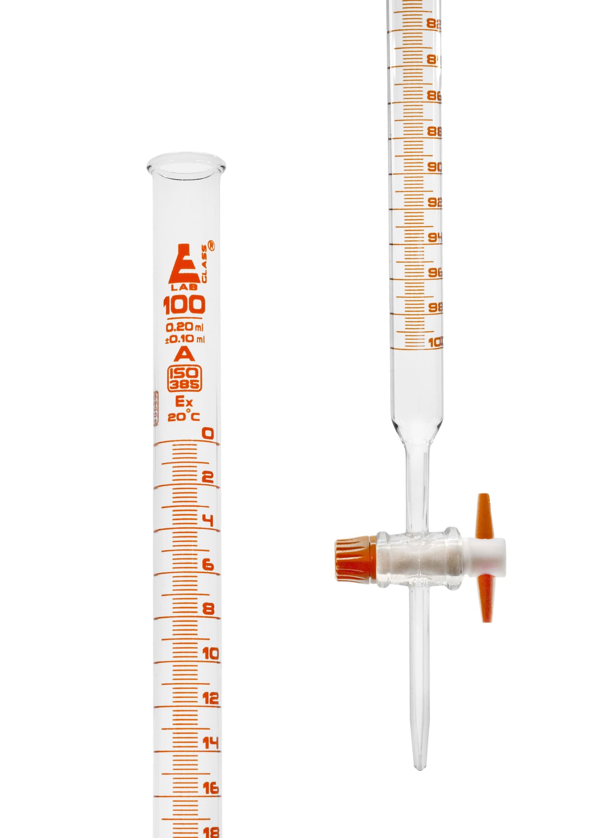 Burette, 100mL - Class A - 0.2mL Amber Graduations - PTFE Stopcock - B ...