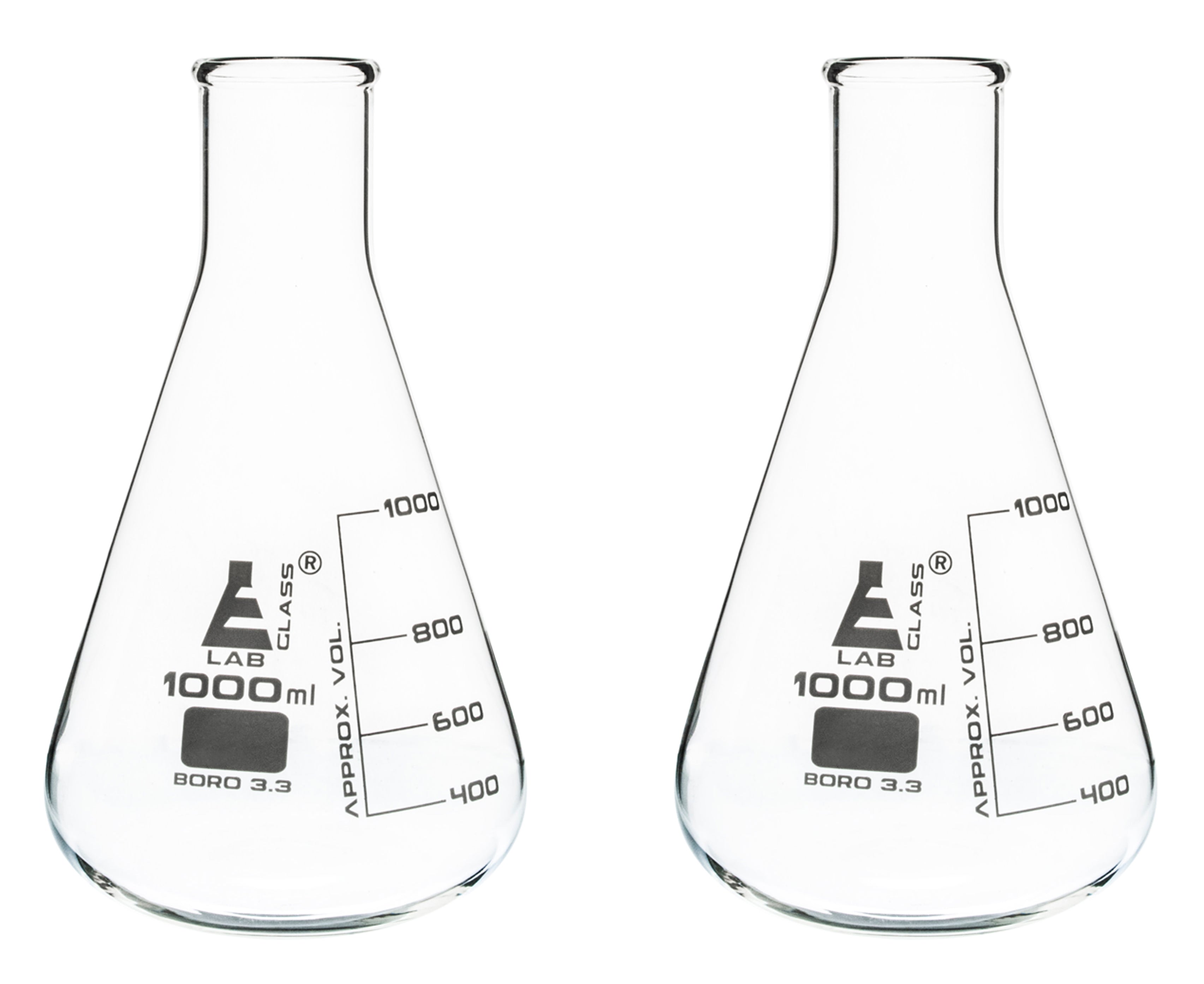 2PK Erlenmeyer Flasks, 1000mL - Narrow Neck - Borosilicate Glass ...