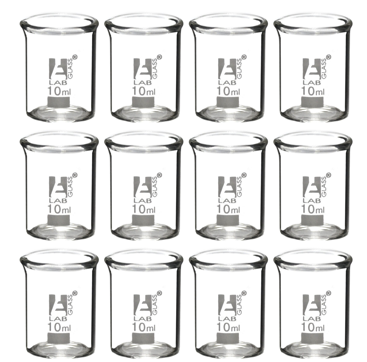 12PK Beakers, 10ml - Griffin Style, Low Form with Spout - Ungraduated — Eisco Labs