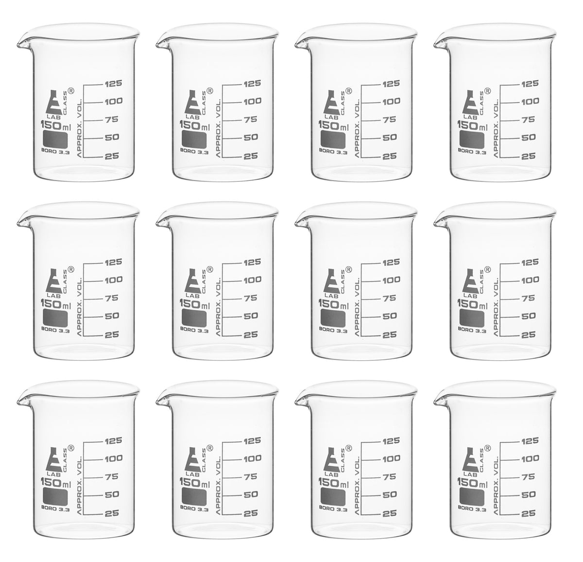 12PK Beakers, 150ml - Griffin Style, Low Form with Spout - White, 25ml — Eisco Labs