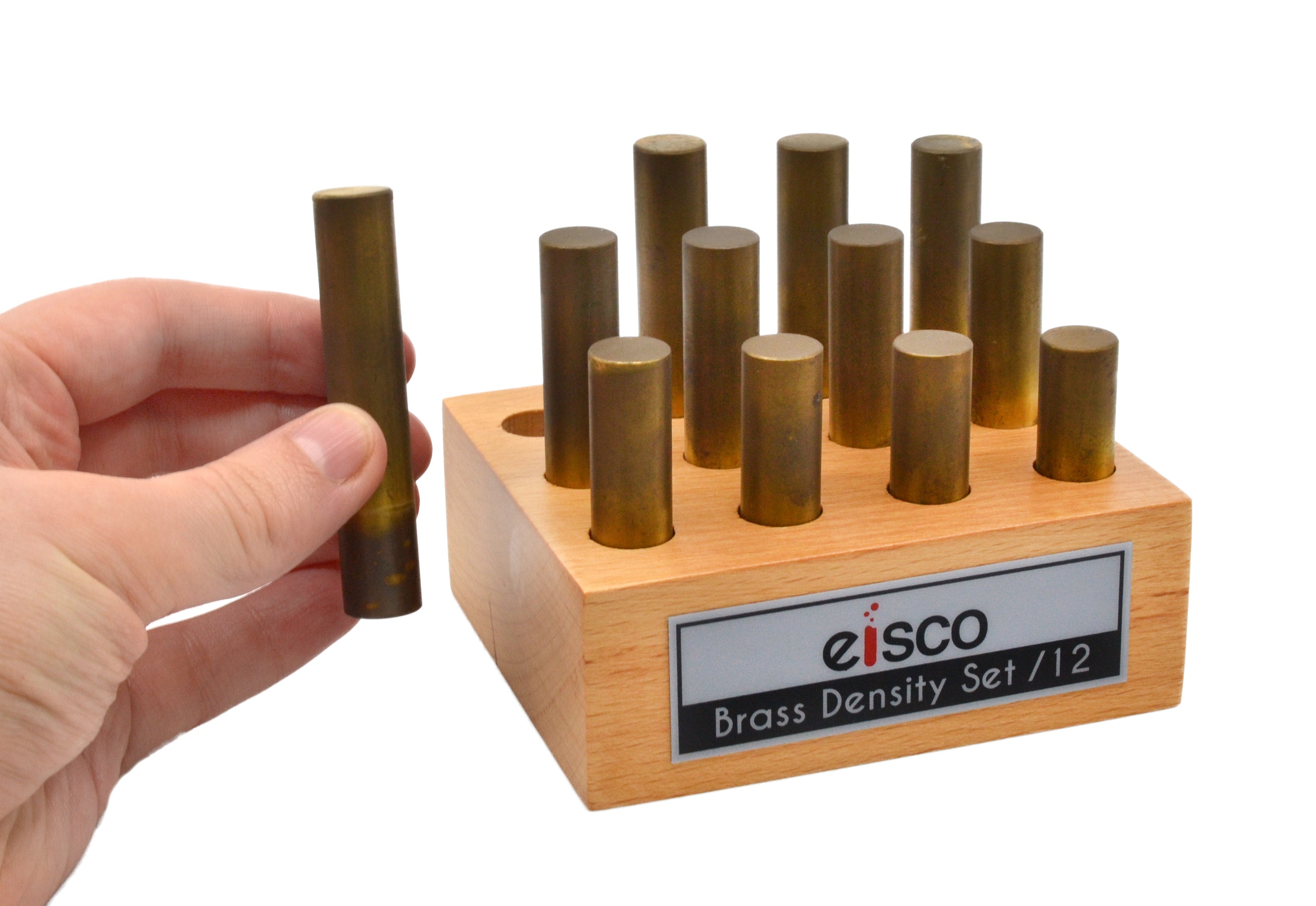 12pc Cylindrical Bars Density Set, Brass - Wooden Storage Block — Eisco ...