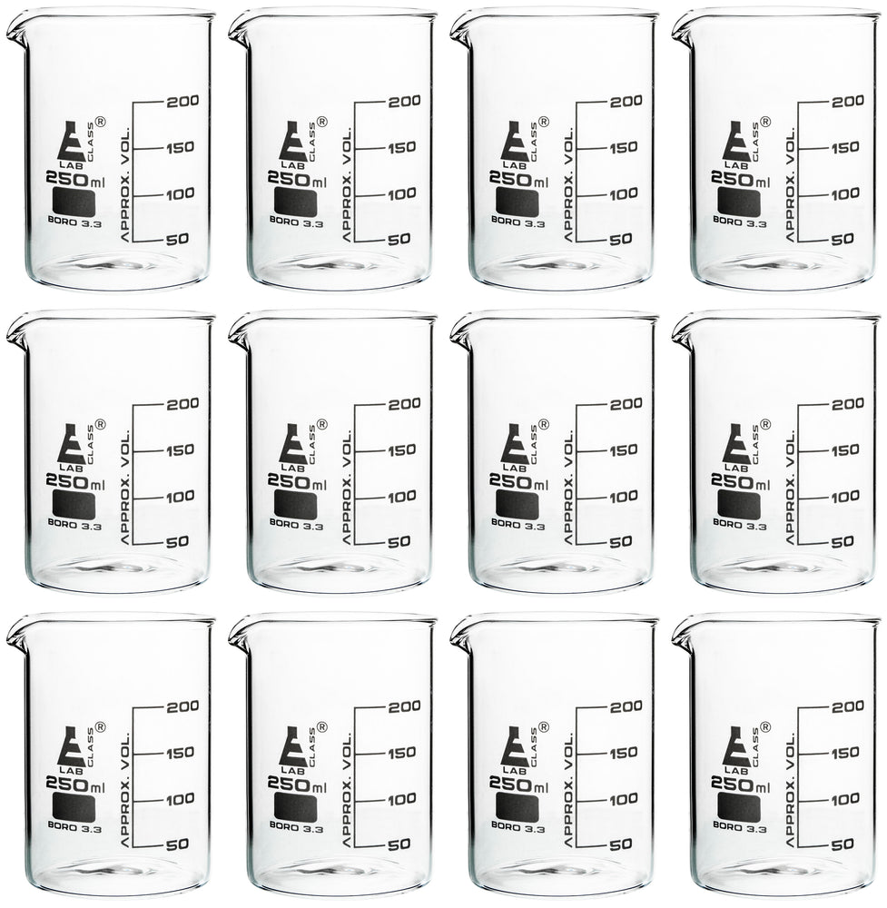 12PK Beakers, 250ml - Griffin Style, Low Form with Spout - White, 50ml — Eisco Labs