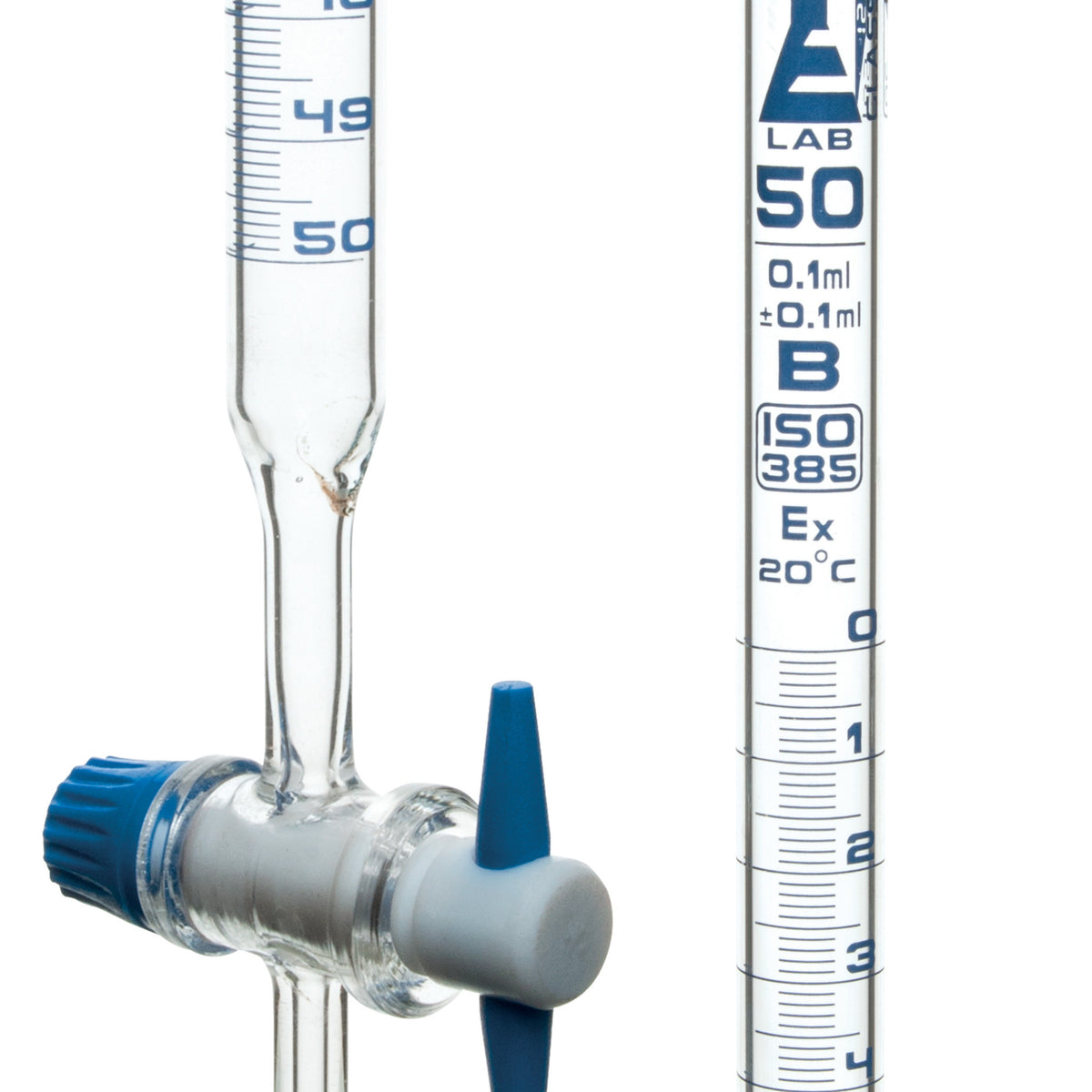 Burette, 50mL - Class B - with PTFE Stopcock - Blue Graduations - Boro ...