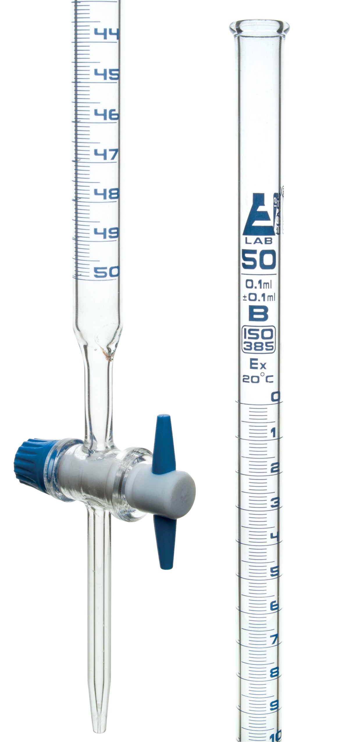 Burette, 50mL - Class B - with PTFE Stopcock - Blue Graduations - Boro ...