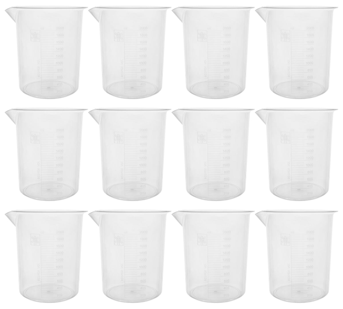 12PK Plastic Beakers, 2000ml - Polypropylene - Raised Graduations ...