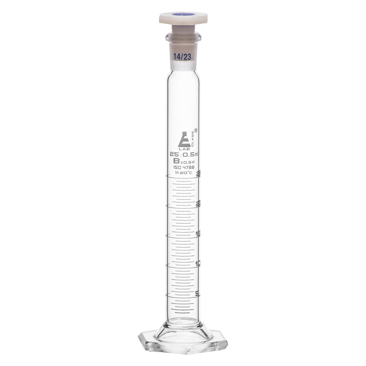 Measuring Cylinder, 25ml - Class B - 14/23 Polypropylene Stopper - Hex ...