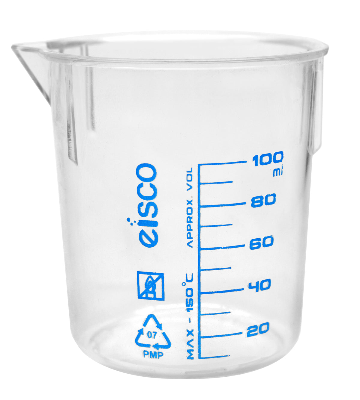 Beaker, 100ml, TPX Plastic, with Spout - Blue Graduations - Eisco Labs
