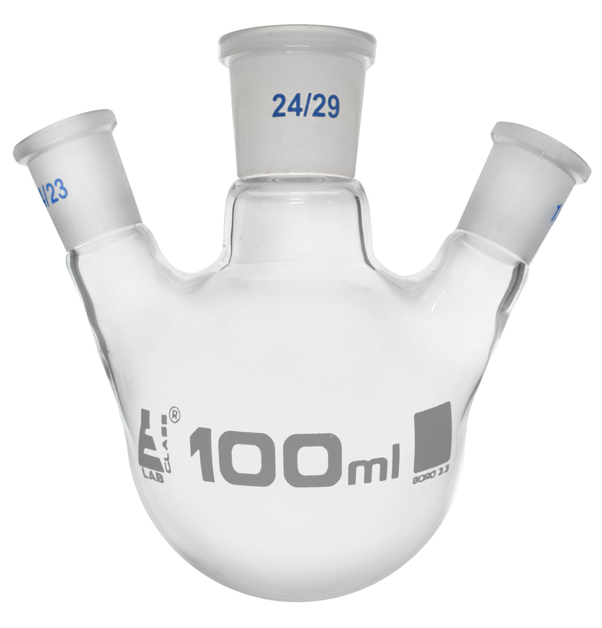 Distilling Flask, 100ml - 3 Angled Necks, 24/29 Center, 14/23 Side Soc ...