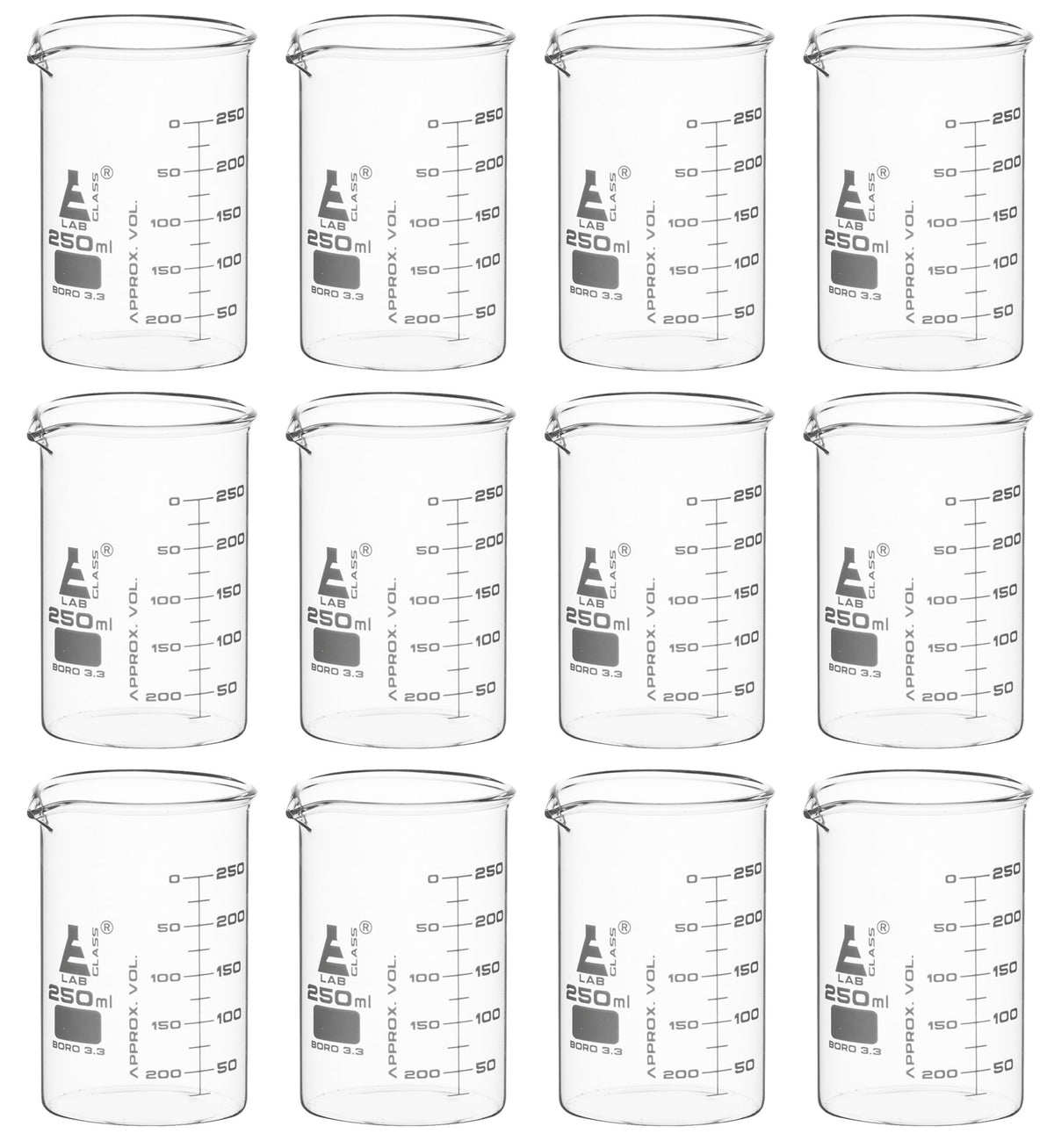 12PK Beakers, 250ml - ASTM - Low Form, Dual Scale Graduations - Borosi ...